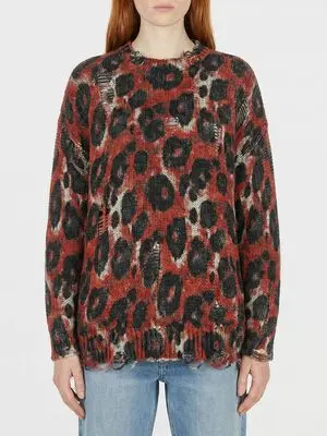 R13 Animal Print Distressed Cotton Knit Top - Red