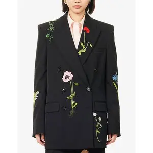 Stella McCartney Floral-embroidered Double-breasted Wool Blazer - Black