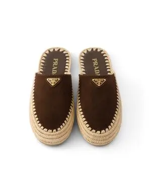 Prada Suede Mules With Woven Raffia