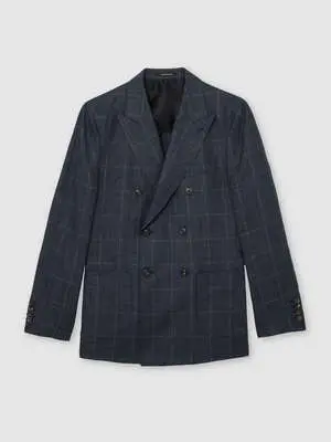 REISS Adoro Linen Check Double-breasted Tailored-fit Blazer