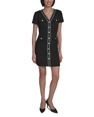 Karl Lagerfeld Paris Beaded Trim Knit Tweed Sheath Dress - Black