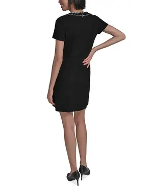 Karl Lagerfeld Paris Beaded Trim Knit Tweed Sheath Dress - Black