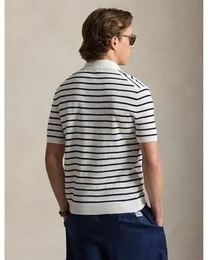 Polo Ralph Lauren Striped Cotton Linen Polo Collar Sweater - White