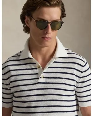 Polo Ralph Lauren Striped Cotton Linen Polo Collar Sweater - White