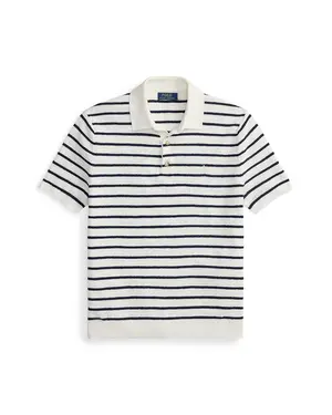 Polo Ralph Lauren Striped Cotton Linen Polo Collar Sweater - White