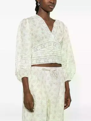 Sandro Floral Print Lace Detail V-neck Cropped Top - Green