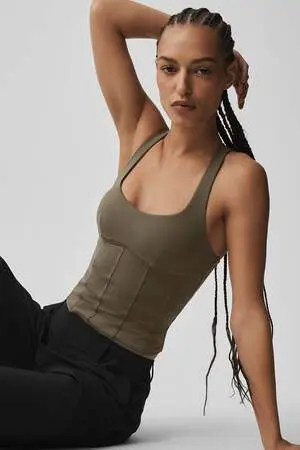 Alo Yoga Airbrush Sparks Fly Corset Tank Top - Olive Tree