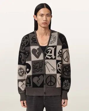 ALLSAINTS Barker Jacquard Cotton Knit Cardigan - Brown/black