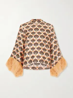 La DoubleJ Make An Exit Feather-trimmed Top - Orange