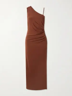 Max Mara One-shoulder Ruched Stretch-jersey Maxi Dress - Brown