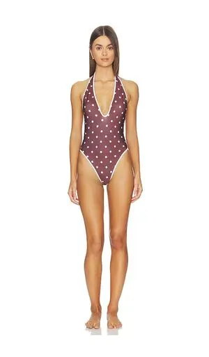 ROWEN ROSE V Neck Backless Swimsuit - Brown Polka Dots