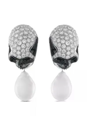 LB EXCLUSIVE Diamond And Pearl Skull Dangle Earrings - Silver