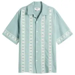 WAX LONDON Didcot Placement Border Vacation Shirt - Sea Green/ecru