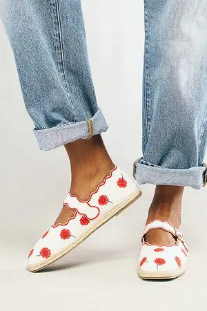 Maeve Scalloped Espadrille Mary Jane Flats - Red Pattern