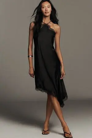 Anthropologie Asymmetric Halter Lace Midi Dress - Black