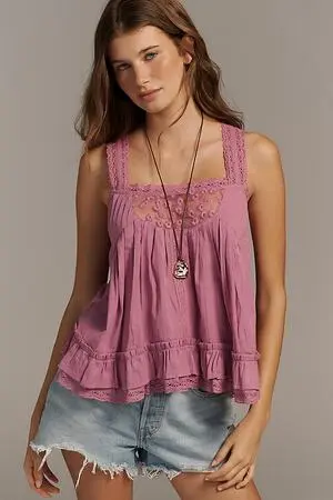 Anthropologie Cotton Swing Top With Crochet And Embroidery