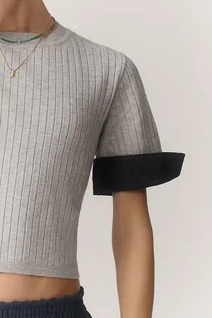 Maeve Fitted Mixed-media Denim Cuffed Short-sleeve Sweater - Grey