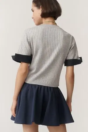 Maeve Fitted Mixed-media Denim Cuffed Short-sleeve Sweater - Grey