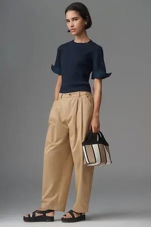 Maeve Fitted Mixed-media Denim Cuffed Short-sleeve Sweater