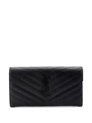 Saint Laurent Classic Monogram Flap Wallet Matelasse Chevron Leather Large Small Wallets - Black