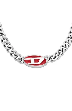 DIESEL® Oval D Enameled Pendant Chain Necklace - Silver/red