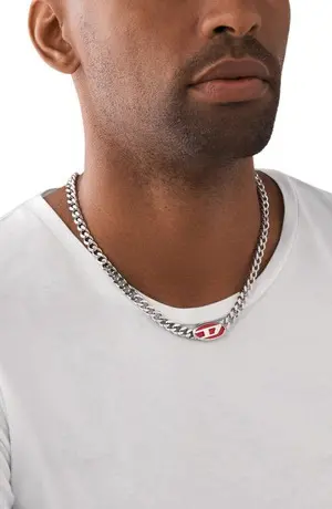 DIESEL® Oval D Enameled Pendant Chain Necklace - Silver/red