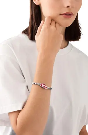 DIESEL® Oval D Enamel Chain Bracelet - Silver/red