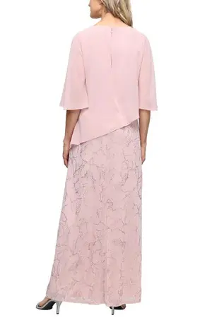SL FASHIONS Cape Sleeve Floral Glitter Mesh Gown - Blush