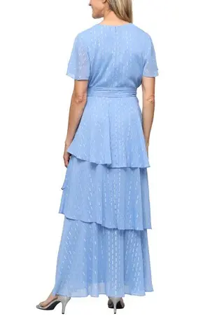 SL FASHIONS Metallic Print Tiered Chiffon Gown