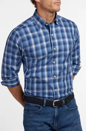 David Donahue Ombré Twill Check Sport Shirt - Navy/blue