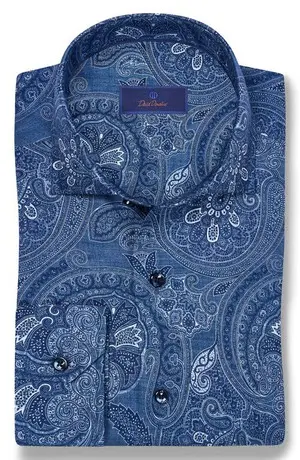 David Donahue Paisley Print Sport Shirt - Navy