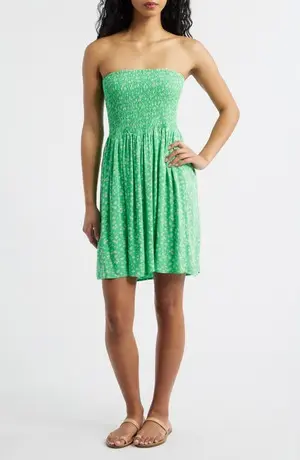 Rip Curl Surf Side Smocked Strapless Minidress - Light Green
