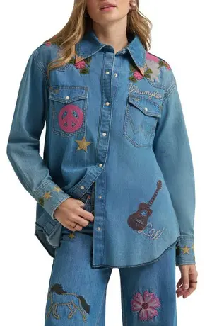 Wrangler Embroidered Snap-up Shirt - Denim