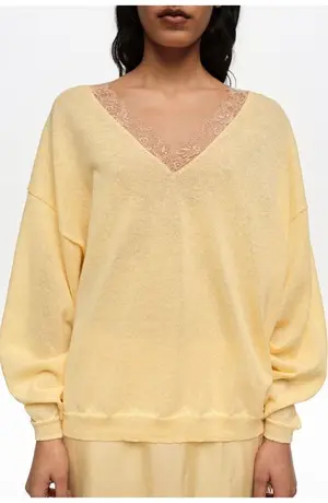 Bimba Y Lola Long V-neck Lace Trim Sweater