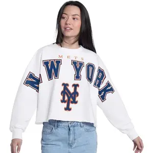 G-III 4HER BY CARL BANKS New York Mets Bleachers Cropped Pullover Sweatshirt - White