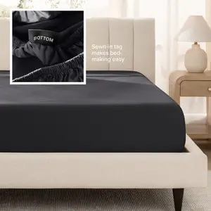 BARE HOME 400 Thread Count Organic Cotton Sateen Fitted Sheet - Black