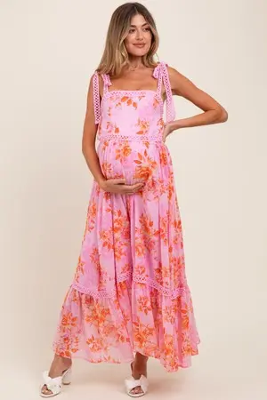 PINKBLUSH Floral Shoulder Tie Tiered Maxi Dress
