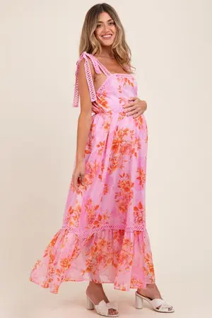 PINKBLUSH Floral Shoulder Tie Tiered Maxi Dress