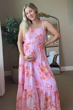 PINKBLUSH Floral Shoulder Tie Tiered Maxi Dress