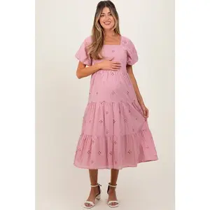 PINKBLUSH Eyelet Square Neck Midi Dress - Pink