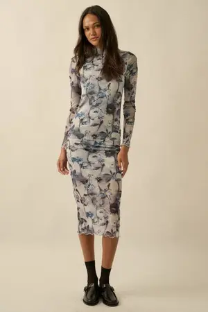 PINKBLUSH Floral Mesh Long Sleeve Midi Dress - Blue