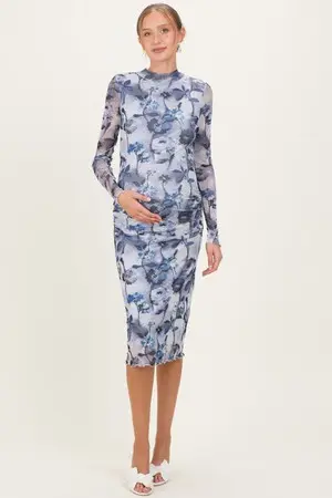 PINKBLUSH Floral Mesh Long Sleeve Midi Dress - Blue