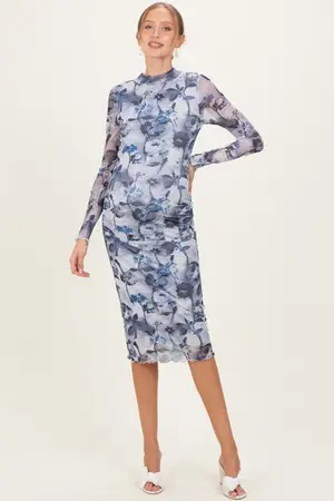 PINKBLUSH Floral Mesh Long Sleeve Midi Dress - Blue