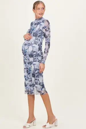 PINKBLUSH Floral Mesh Long Sleeve Midi Dress - Blue