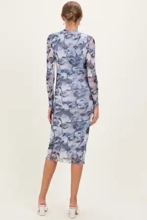 PINKBLUSH Floral Mesh Long Sleeve Midi Dress - Blue