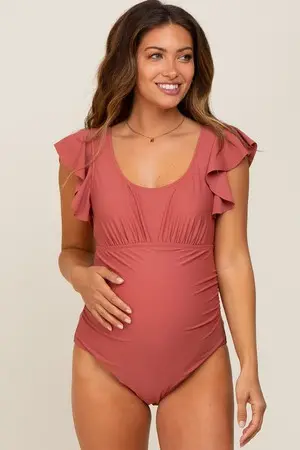 PINKBLUSH Ruffle Shoulder Pleated Side Maternity One Piece Swimsuit - Rust
