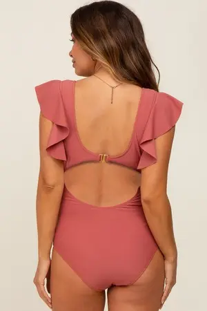 PINKBLUSH Ruffle Shoulder Pleated Side One Piece Swimsuit