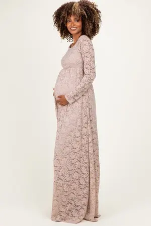 PINKBLUSH Floral Lace Long Sleeve Off Shoulder Maxi Dress - Mocha