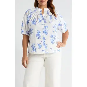 SUGARLIPS Bestia Floral Smocked Yoke Button-up Top - Cream-blue