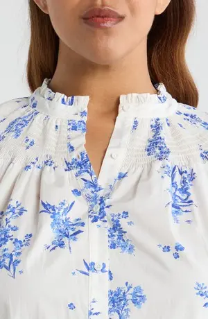 SUGARLIPS Bestia Floral Smocked Yoke Button-up Top - Cream-blue